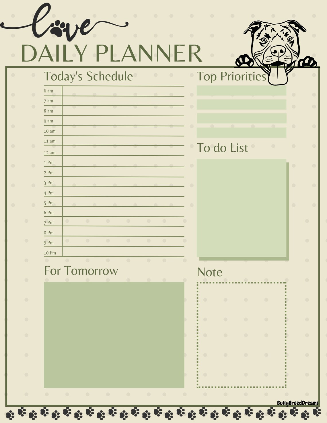 Printable Green Bully Breed Planner Pages - Etsy