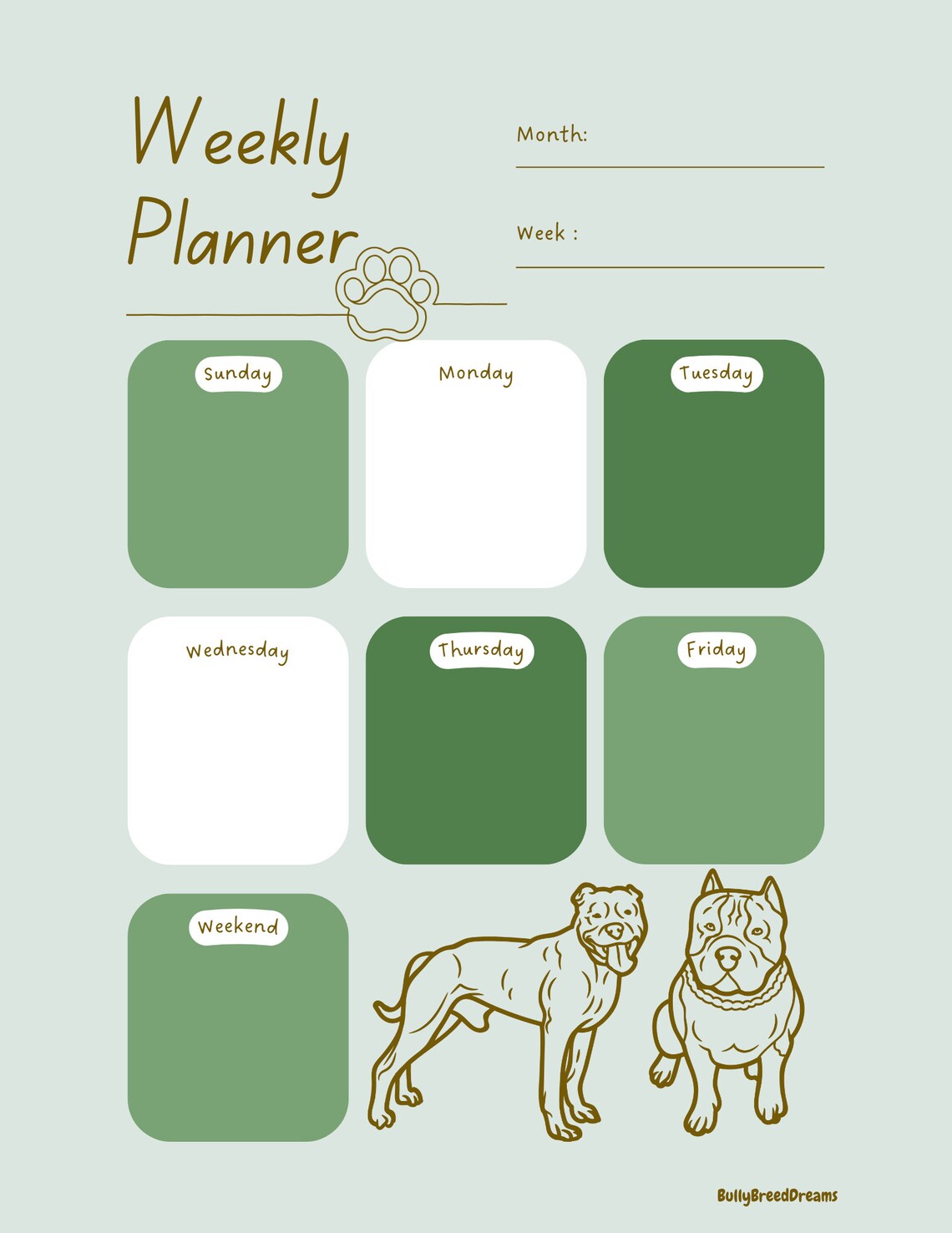 Printable Green Bully Breed Planner Pages - Etsy