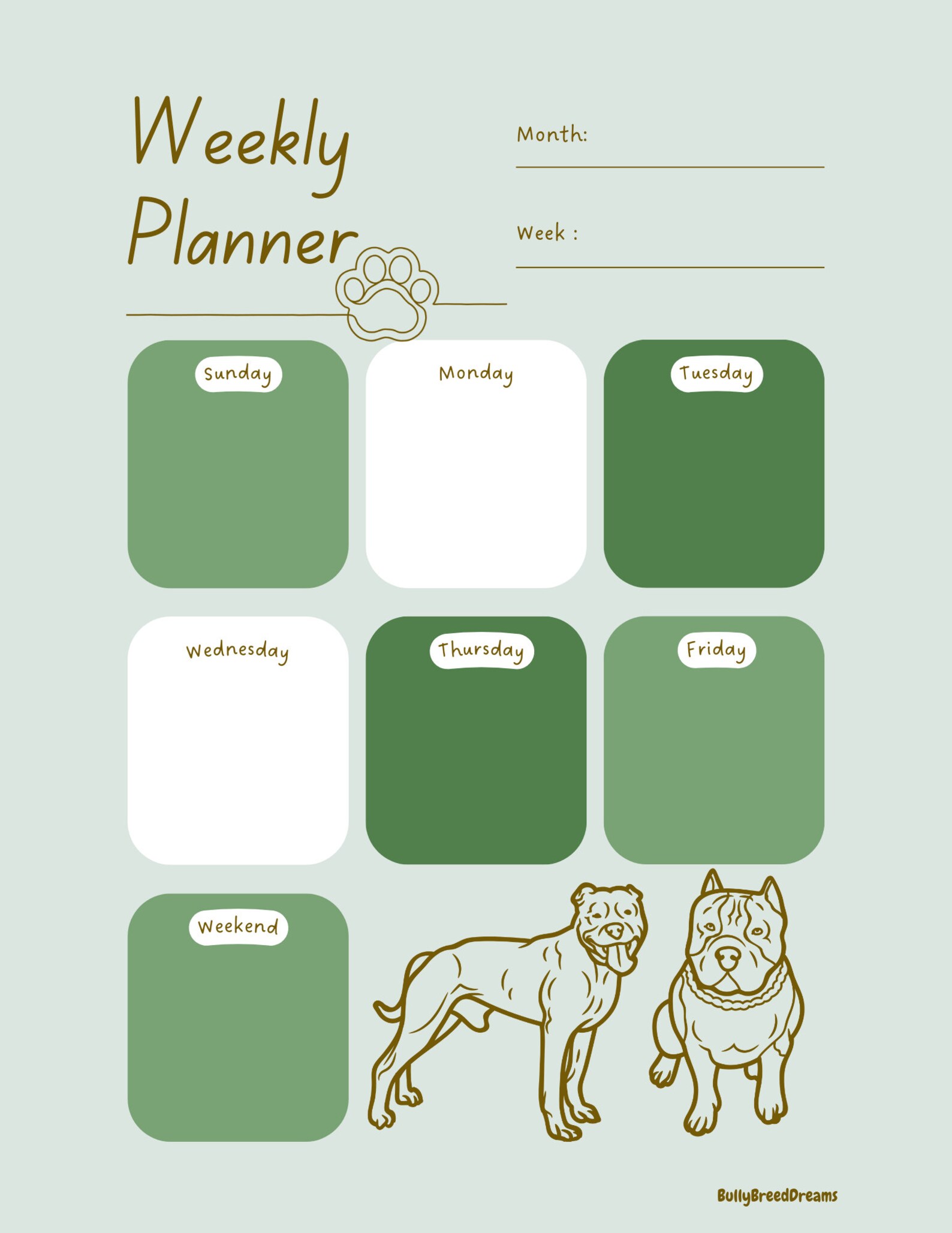 Printable Green Bully Breed Planner Pages - Etsy