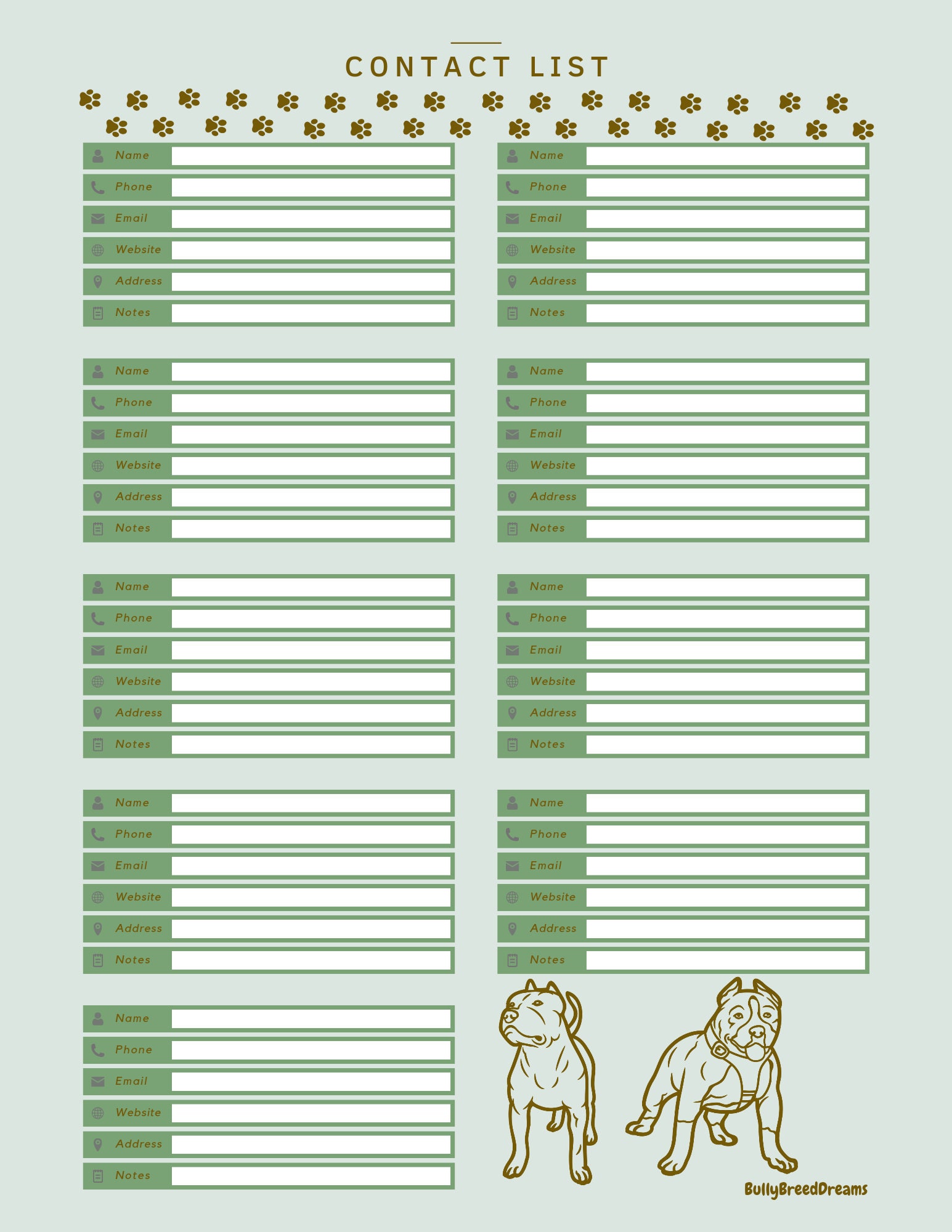 Printable Green Bully Breed Planner Pages - Etsy