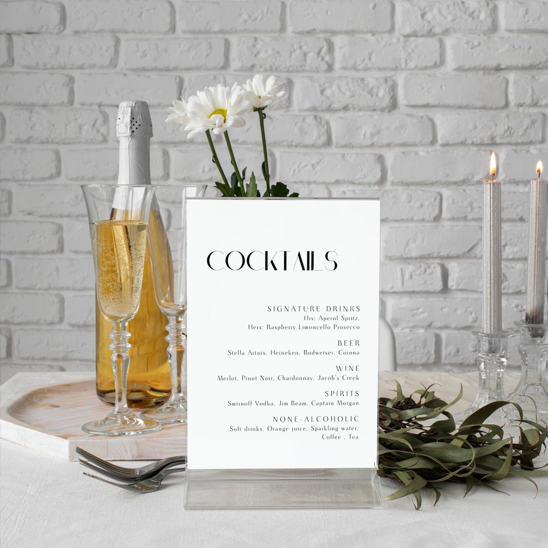 Minimalist Cocktail Menu Template, Cocktail Sign Wedding, Printable ...