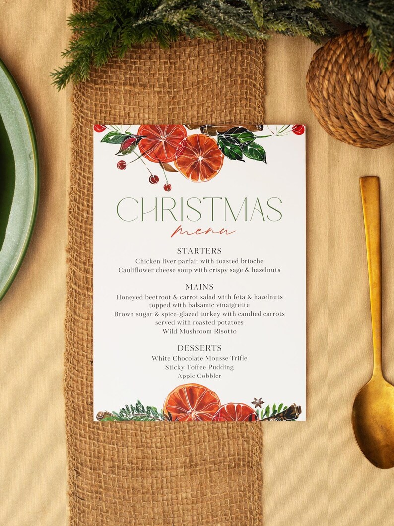 Christmas Menu Card Template, DIY Christmas Menu, Printable Floral ...