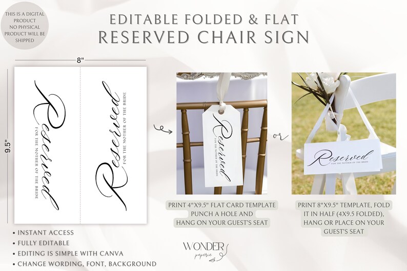 Reserved Chair Sign, Wedding Seating Sign, Printable Chair Tag ...