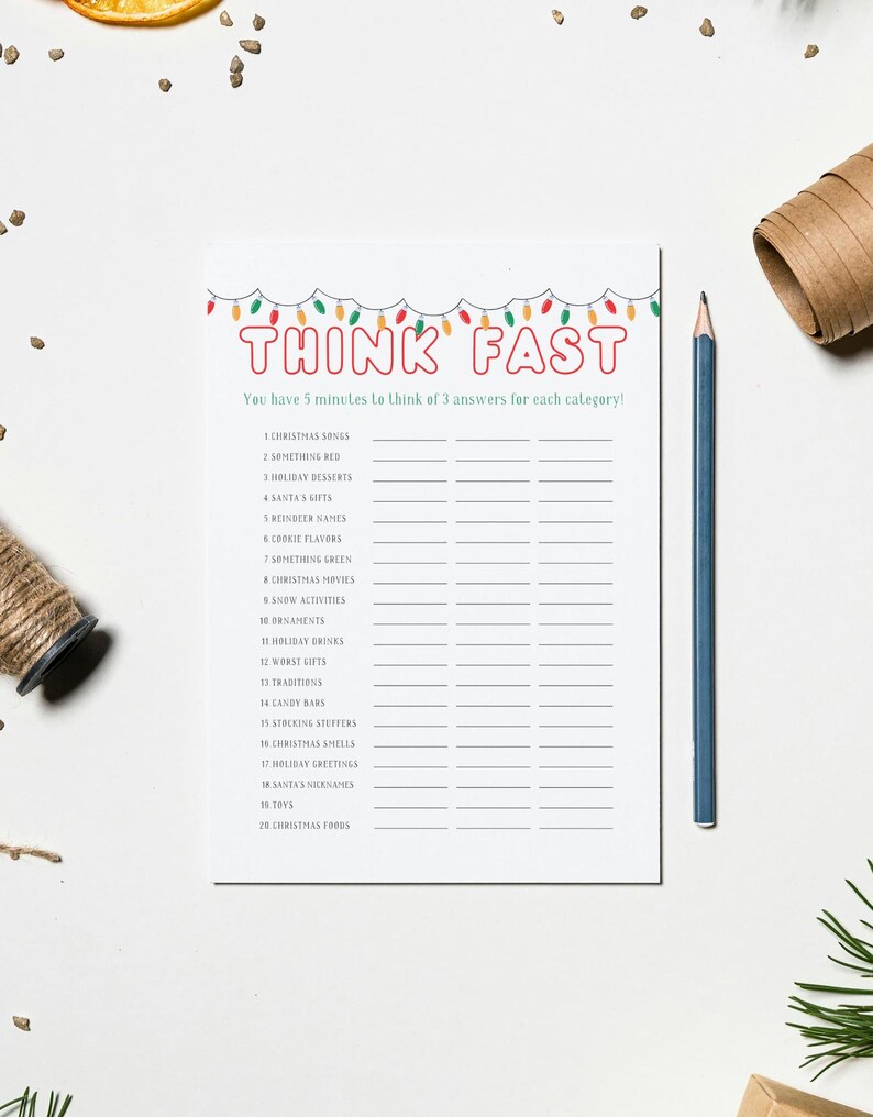 Christmas Think Fast, Christmas Party Game, Printable Think Fast Game ...