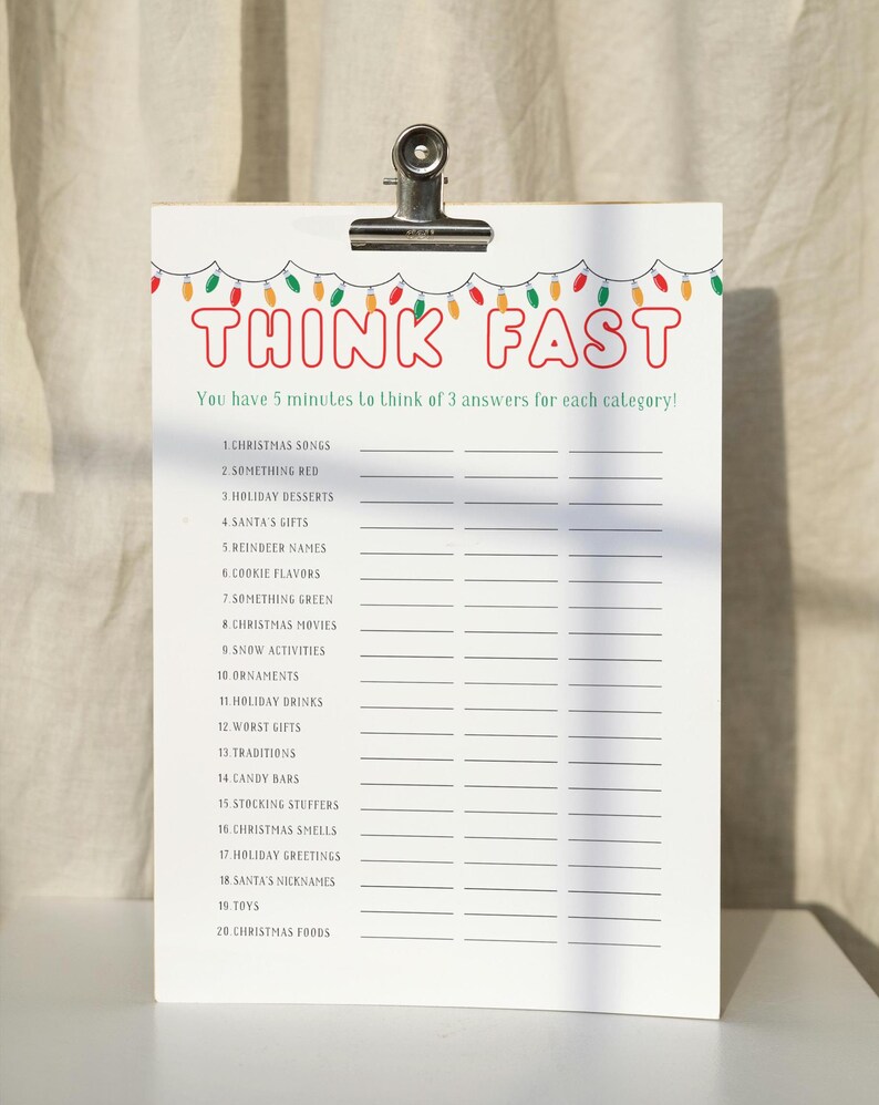 Christmas Think Fast, Christmas Party Game, Printable Think Fast Game ...
