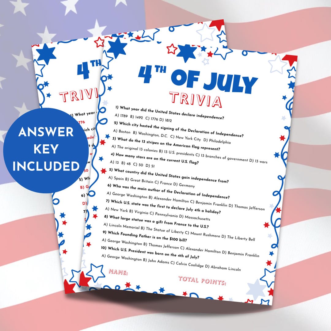 4th of July Trivia Game, Printable Independence Day Trivia, Instant ...