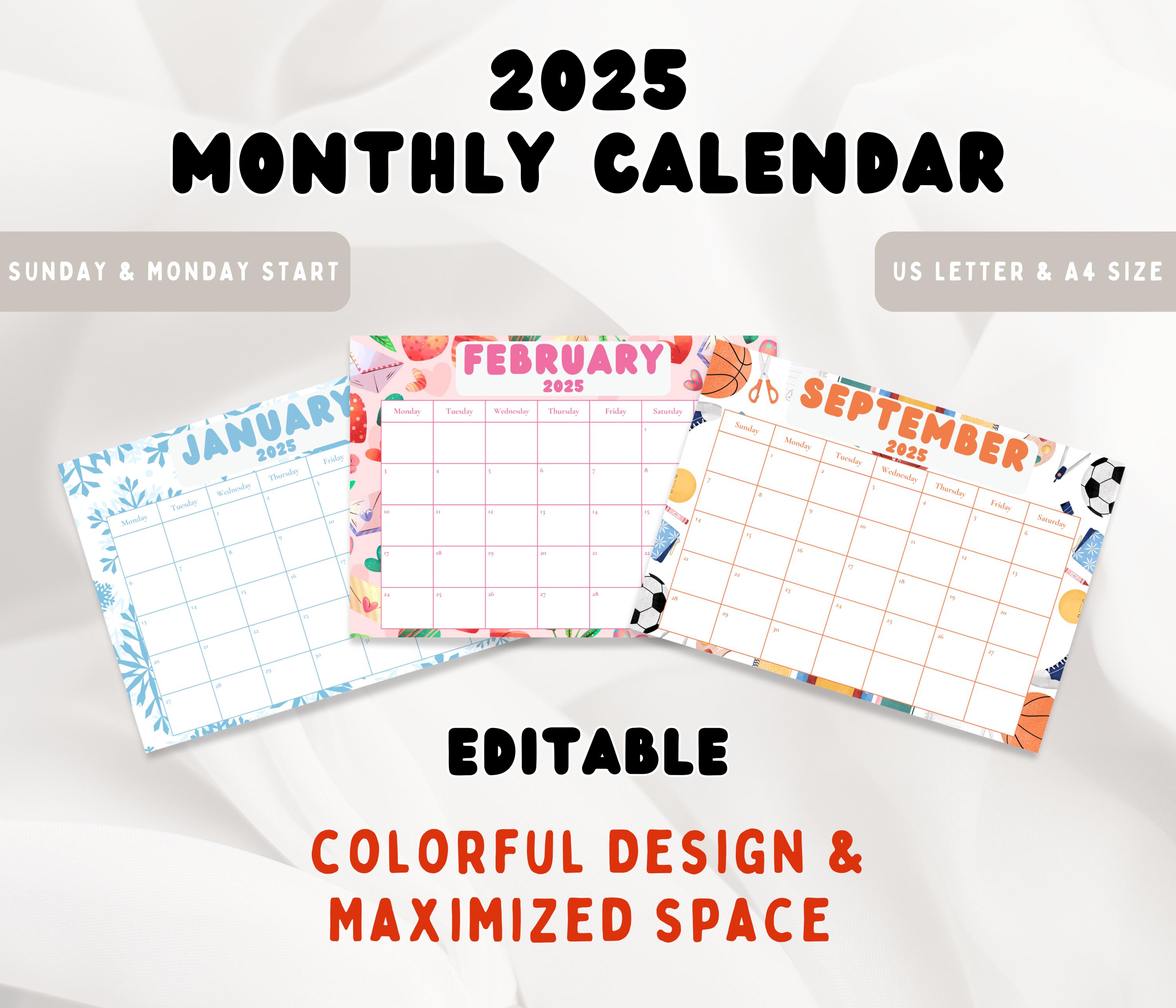 Editable 2025 Kids Calendar, 2025 Monthly Planner, 2025 Calendar for ...