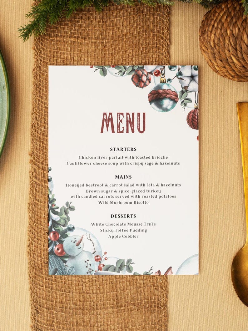 Christmas Menu Card Template, DIY Christmas Menu, Printable Floral ...