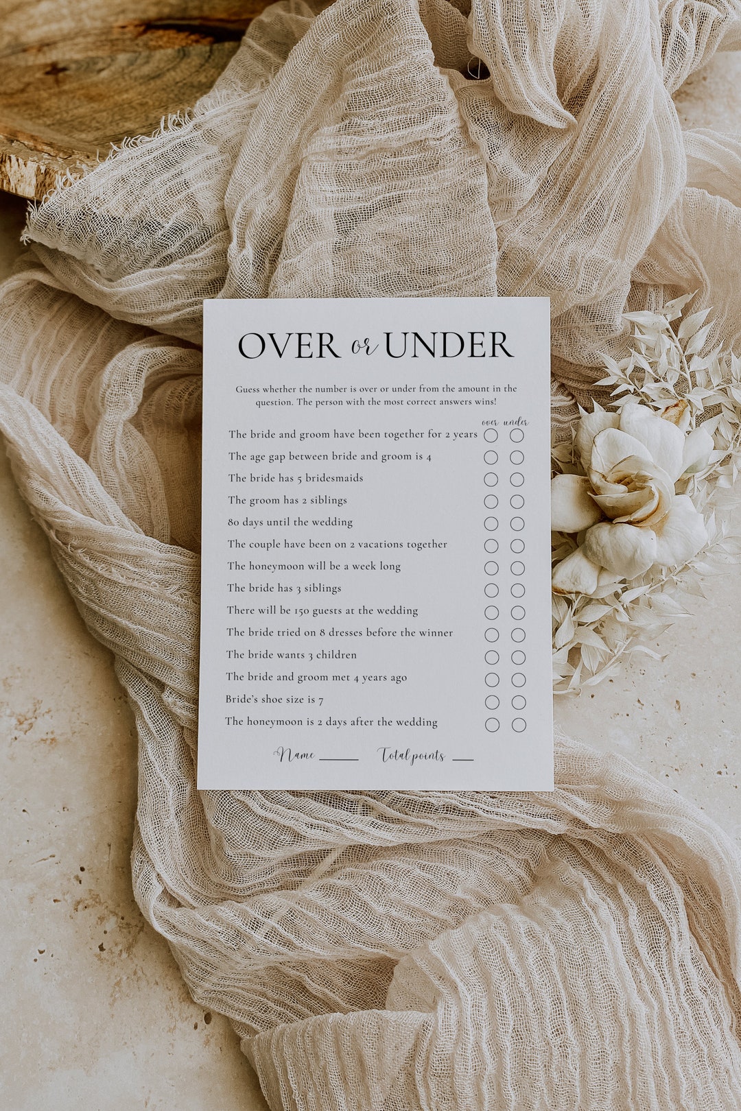 Over or Under Bridal Shower Game, Over or Under Game, Minimalist Trivia ...