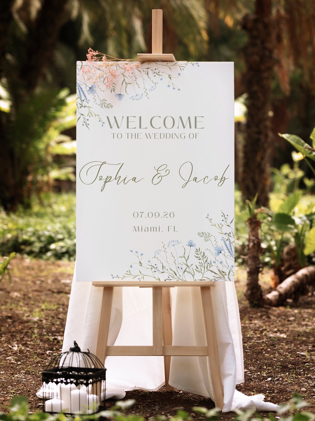 Floral Wedding Welcome Sign, Modern Wedding Sign, Blue Flower Wedding ...