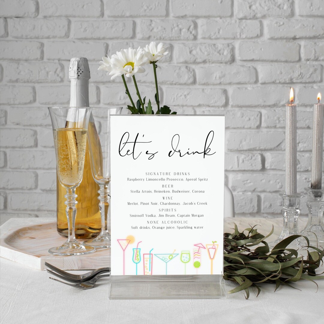 Neon Modern Bar Menu Template, Let's Drink Sign Wedding, Bachelorette ...