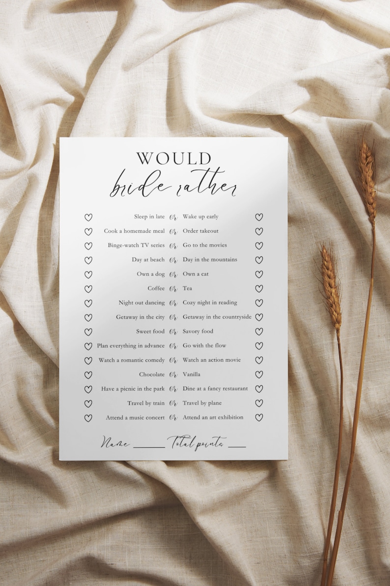 Would Bride Rather Bridal Shower Game, Would She Rather, Who Knows the ...