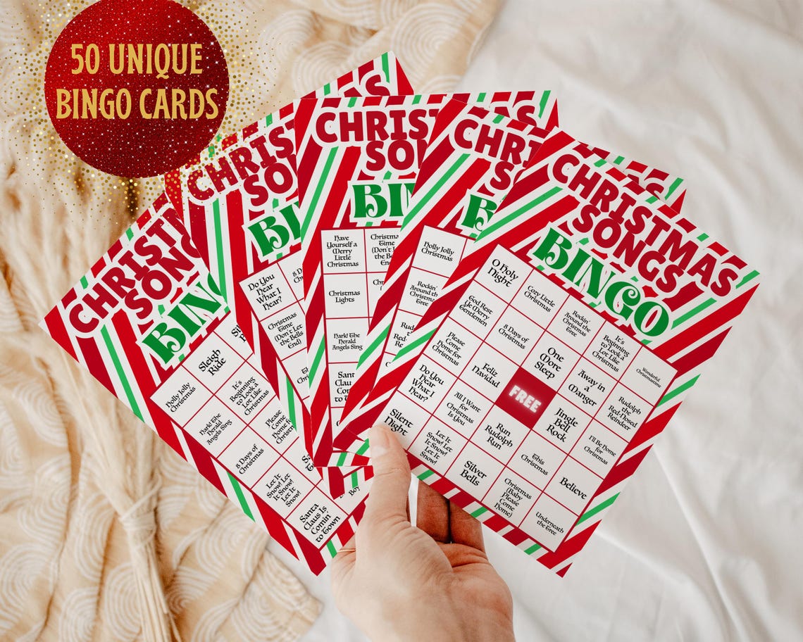 50 Christmas Songs Bingo Cards, Christmas Song Bingo Game, Xmas Songs ...