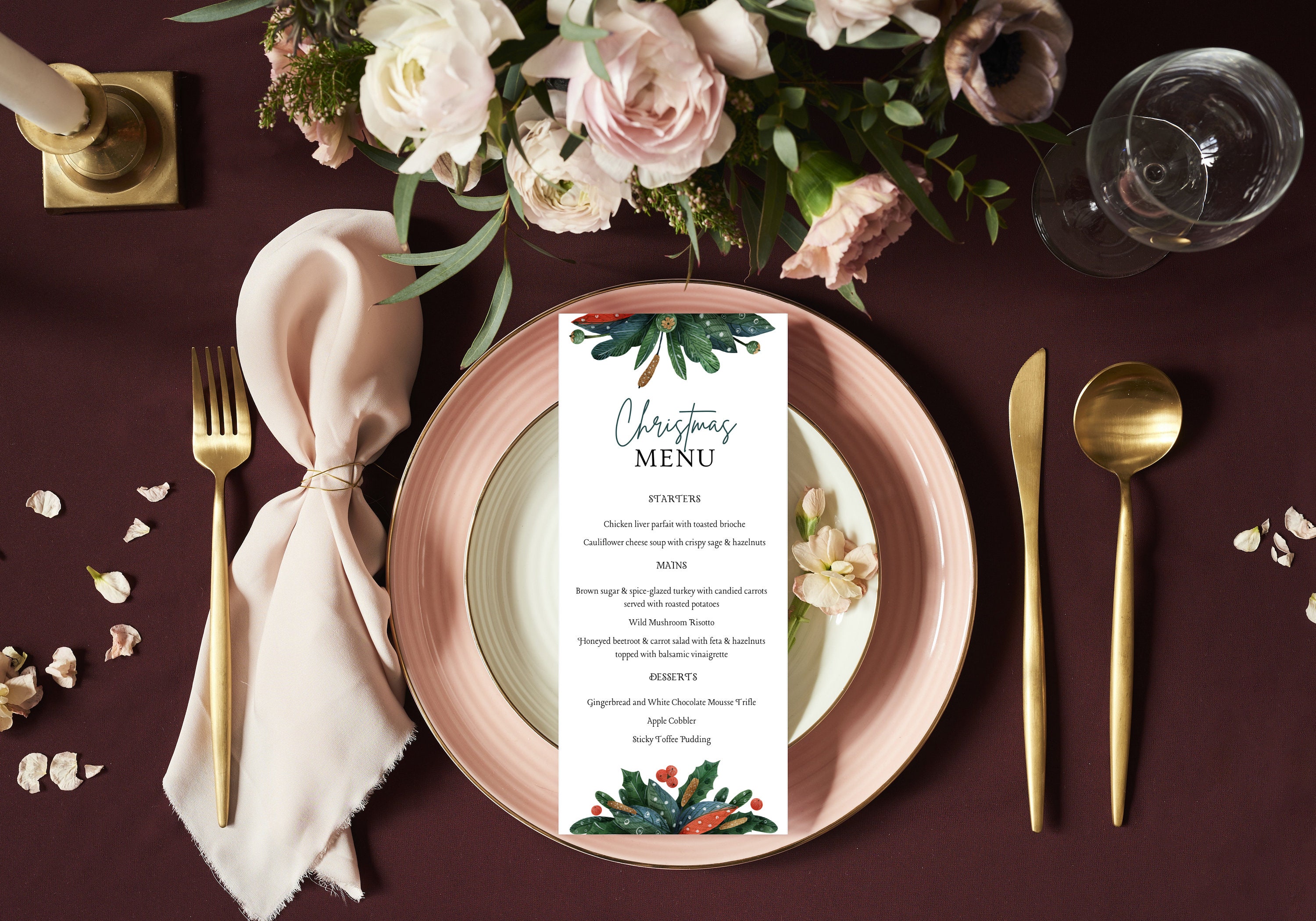Christmas Menu Card Template, DIY Christmas Menu, Printable Greenery ...