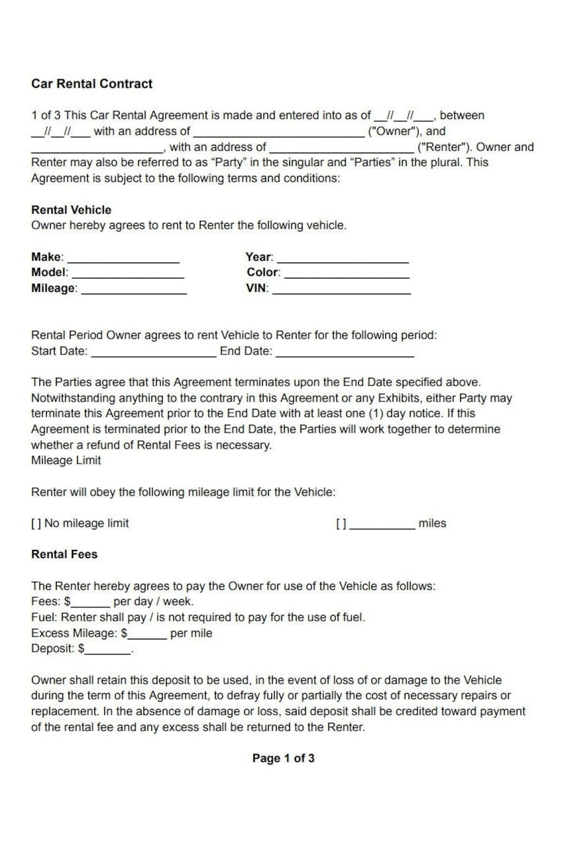 Car Rental Agreement Template L Attorney-written Editable Instant ...