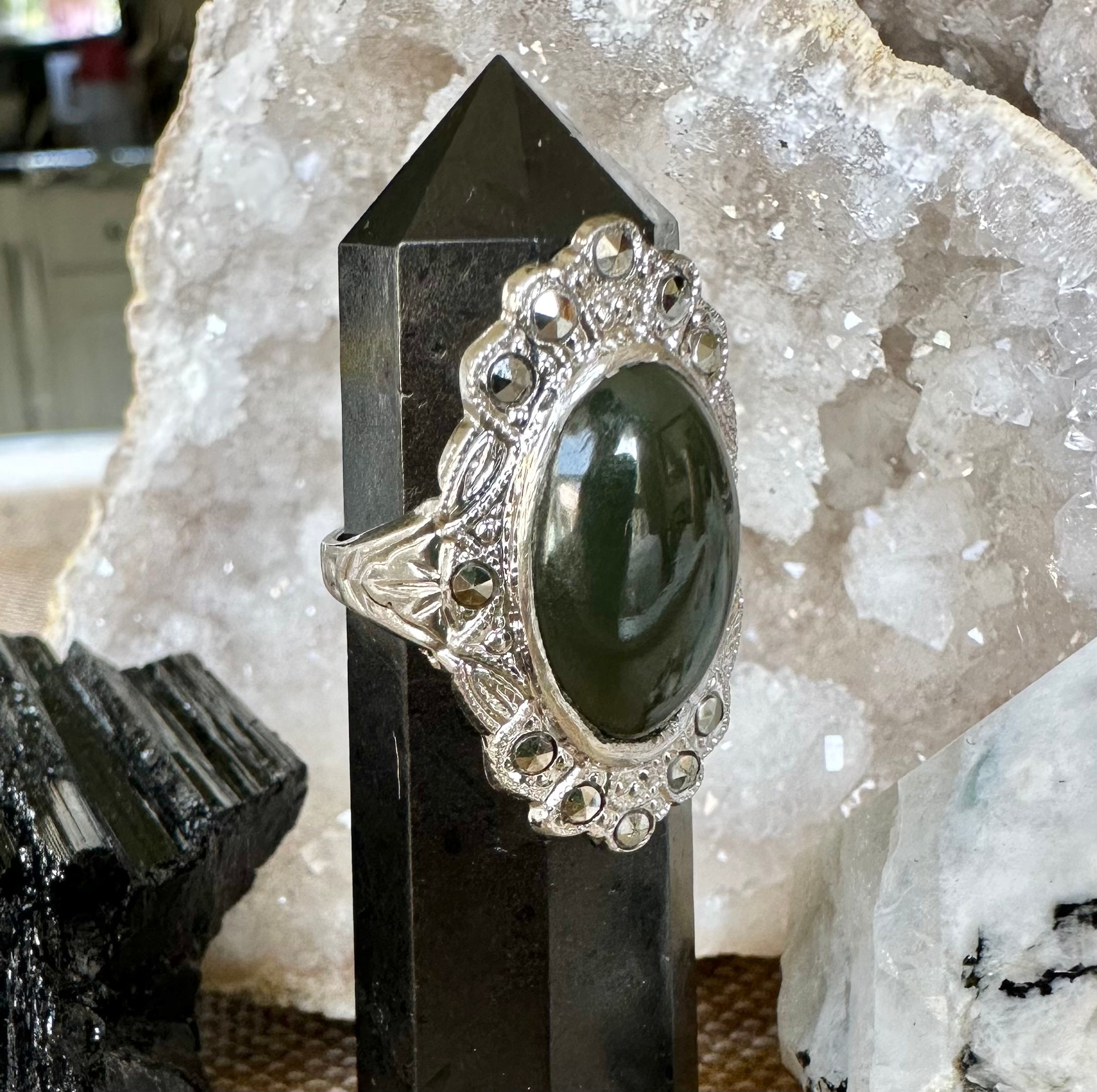 Art Deco Nephrite Jade and Marcasite Ring - Etsy