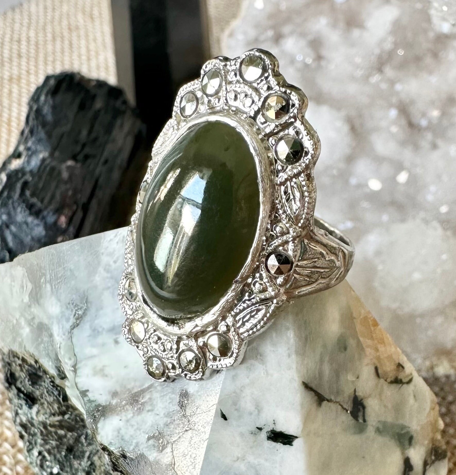 Art Deco Nephrite Jade and Marcasite Ring - Etsy