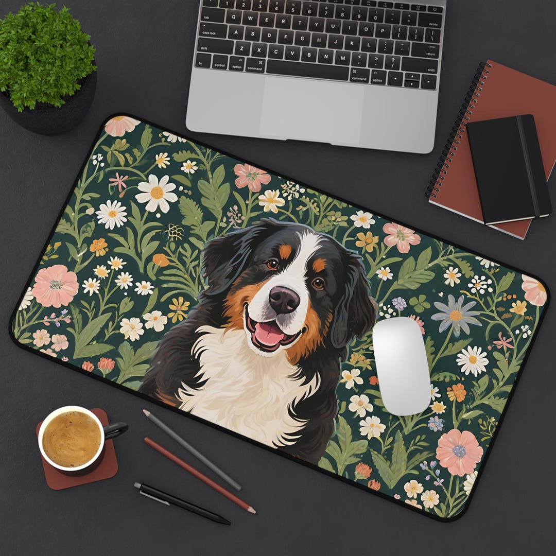 Floral Bernese Mountain Dog Desk Mat , Pet Office Decor, Office ...