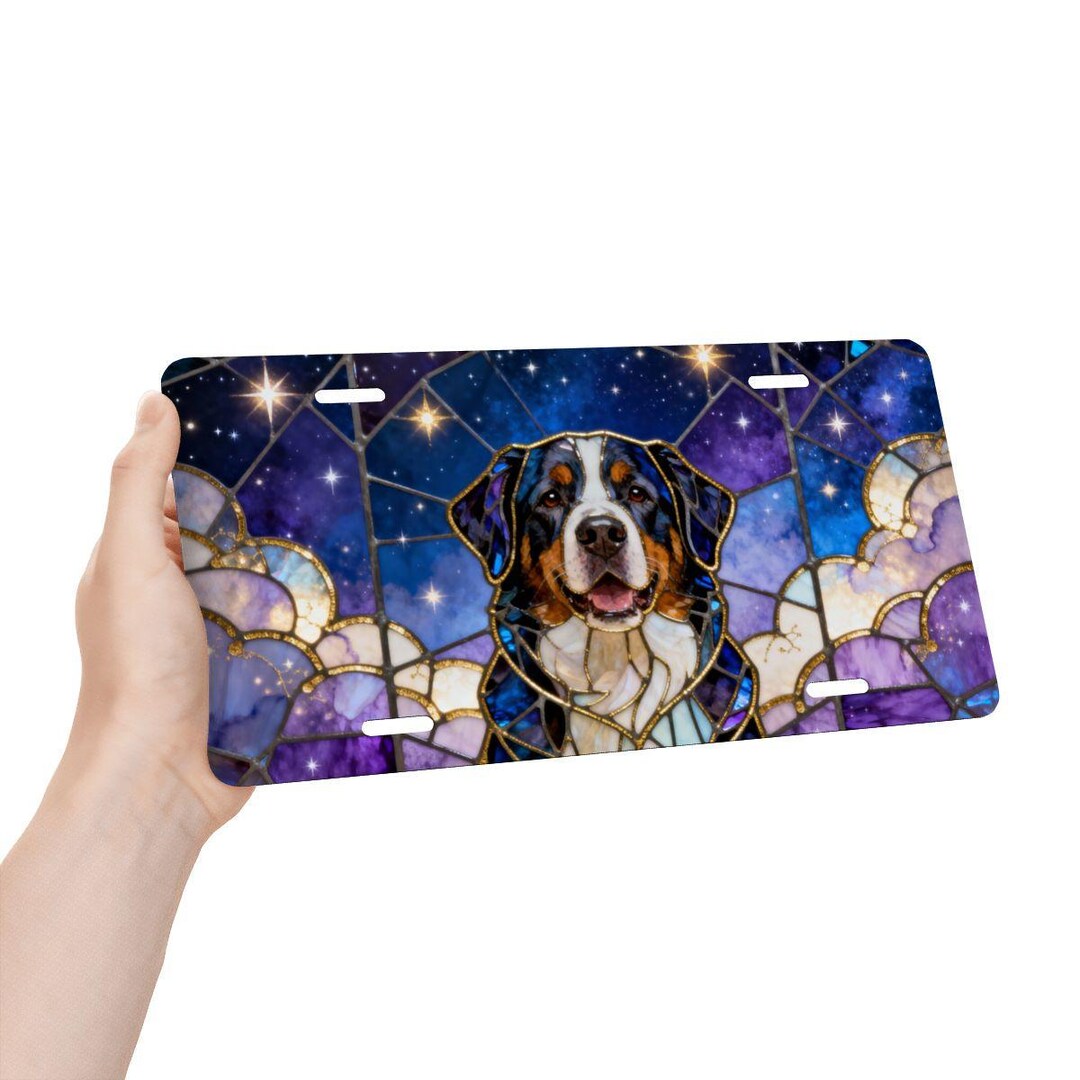 Bernese Mountain Dog Vanity Plate, Celestial Night Sky Stained Glass ...