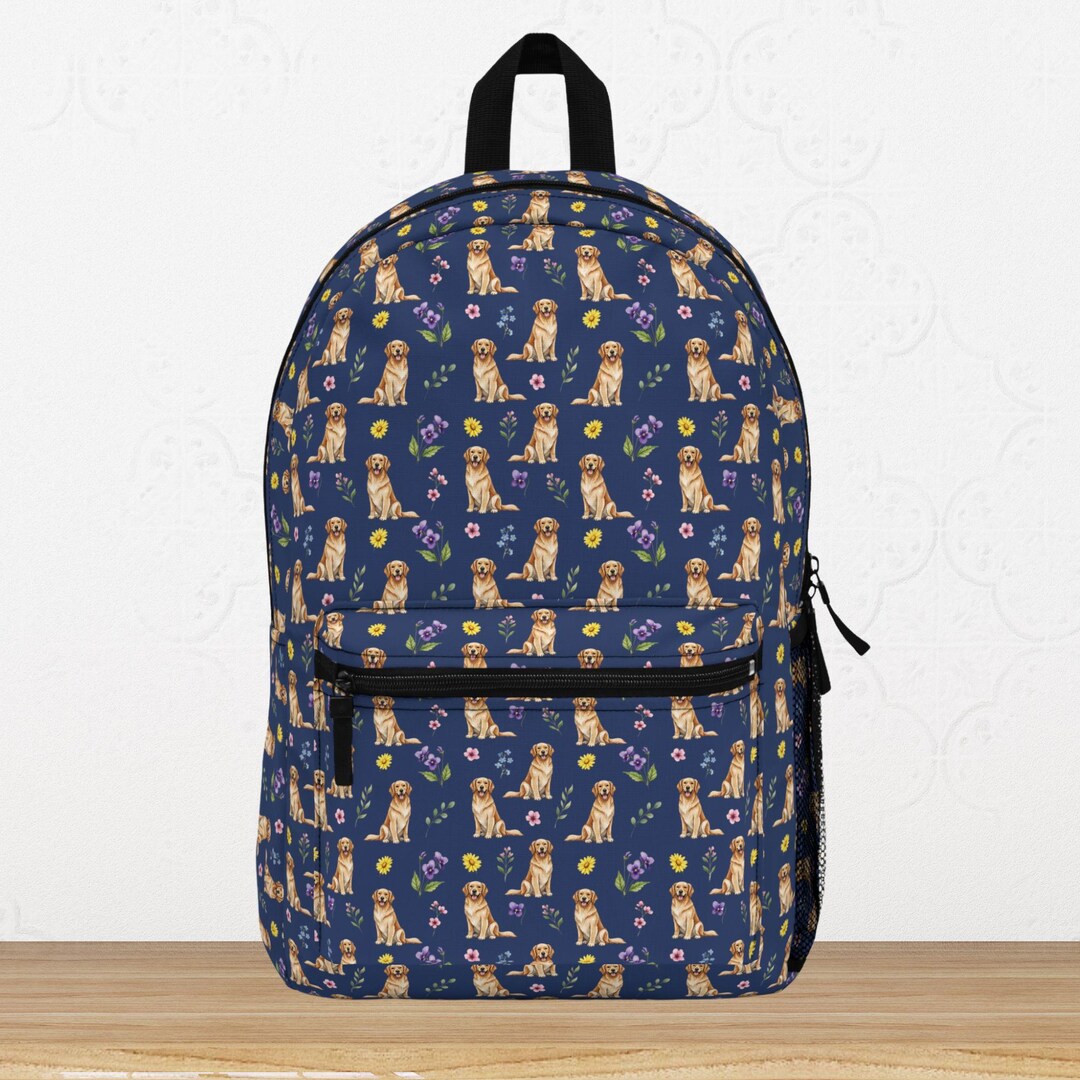 Golden Retriever Dog Navy Blue Floral Backpack, Dog Lovers Back to ...