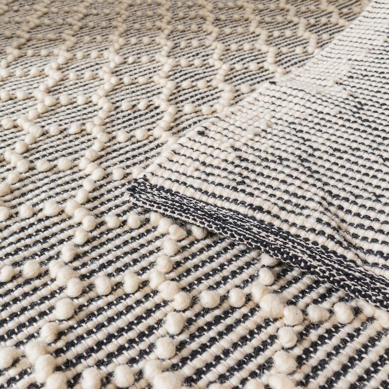 Chunky Wool Rug Handmade Flat Woven High Pile Rug Black and Ivory ...