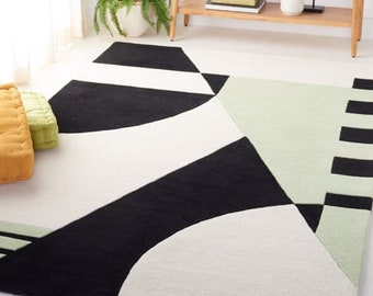 Hand-tufted Green and White 100% Wool Handmade Area Rug Carpet for Home ...