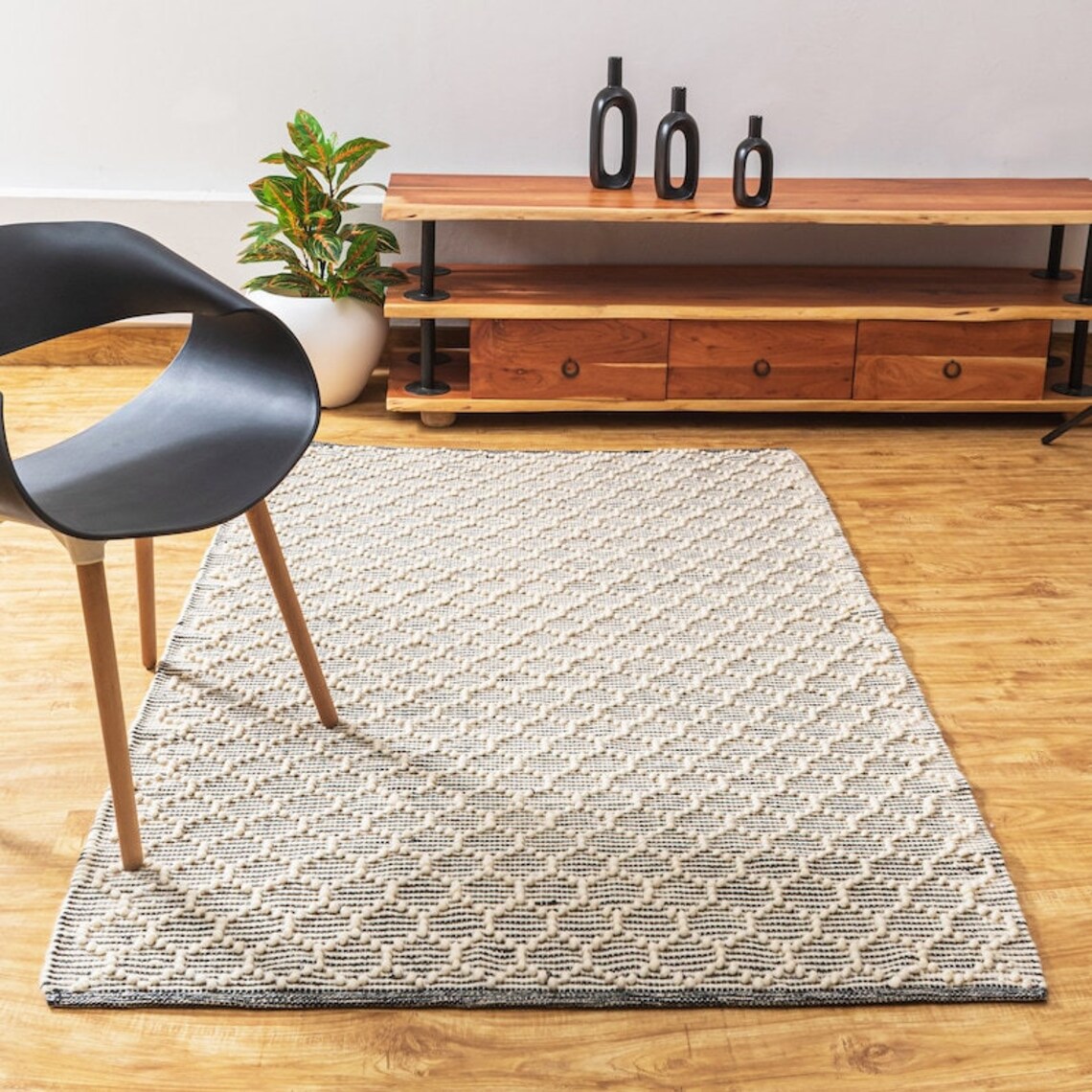 Chunky Wool Rug Handmade Flat Woven High Pile Rug Black and Ivory ...