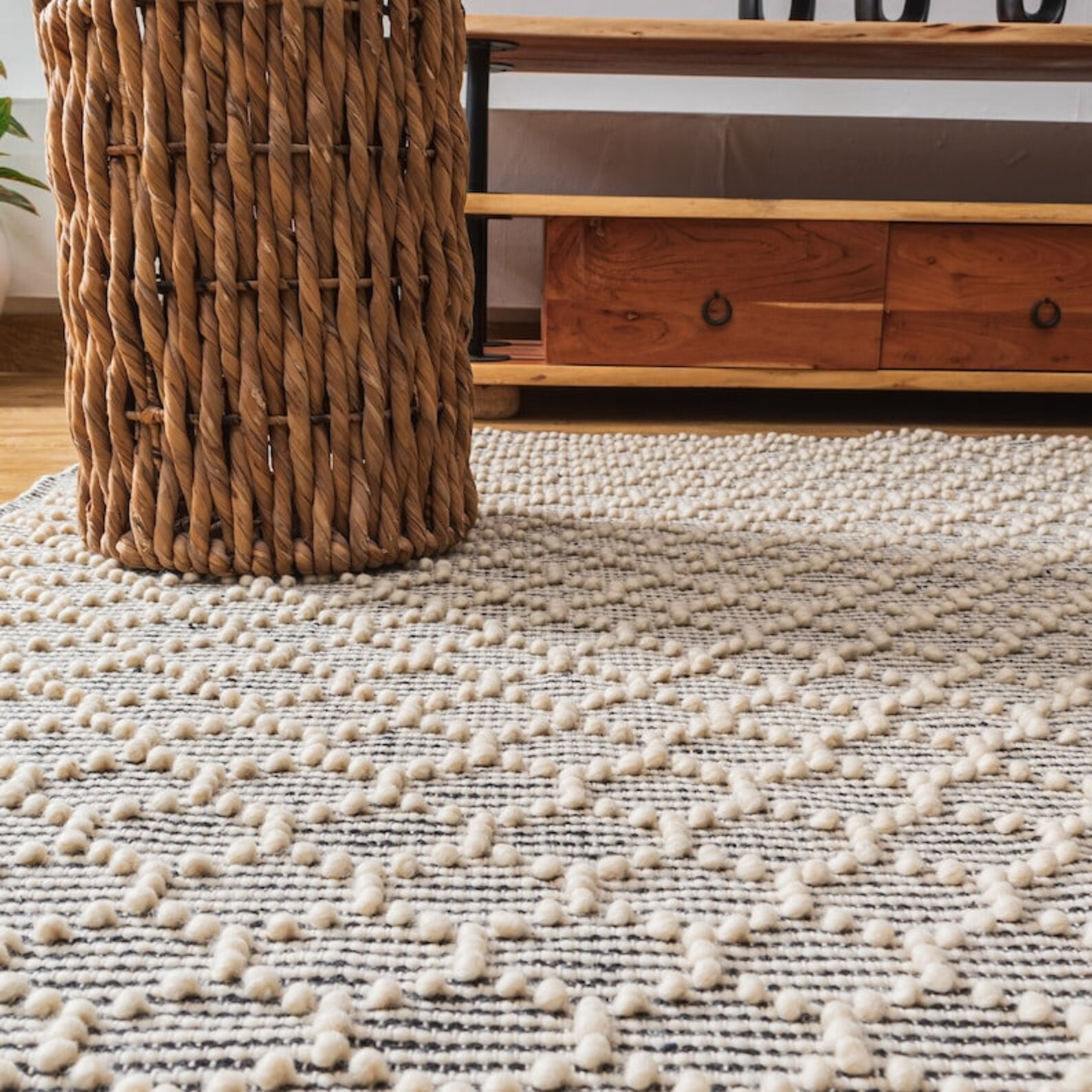 Chunky Wool Rug Handmade Flat Woven High Pile Rug Black and Ivory ...