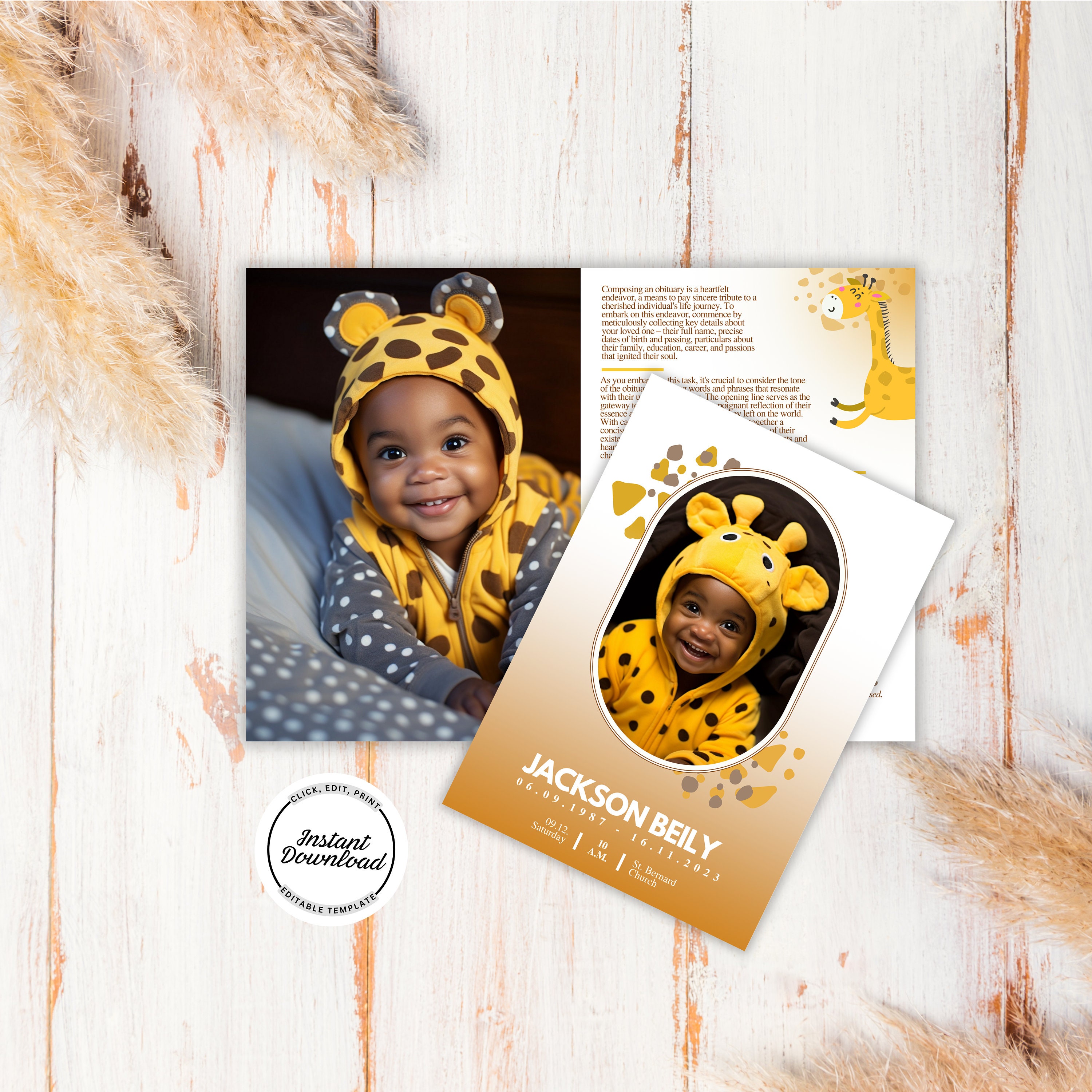 Giraffe Funeral Program Template, Memorial Card (digital Download) - Etsy