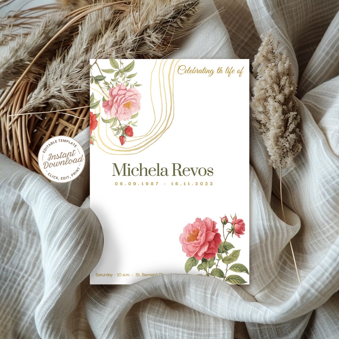 Red Roses Funeral Program Template, Celebration of Life (digital ...