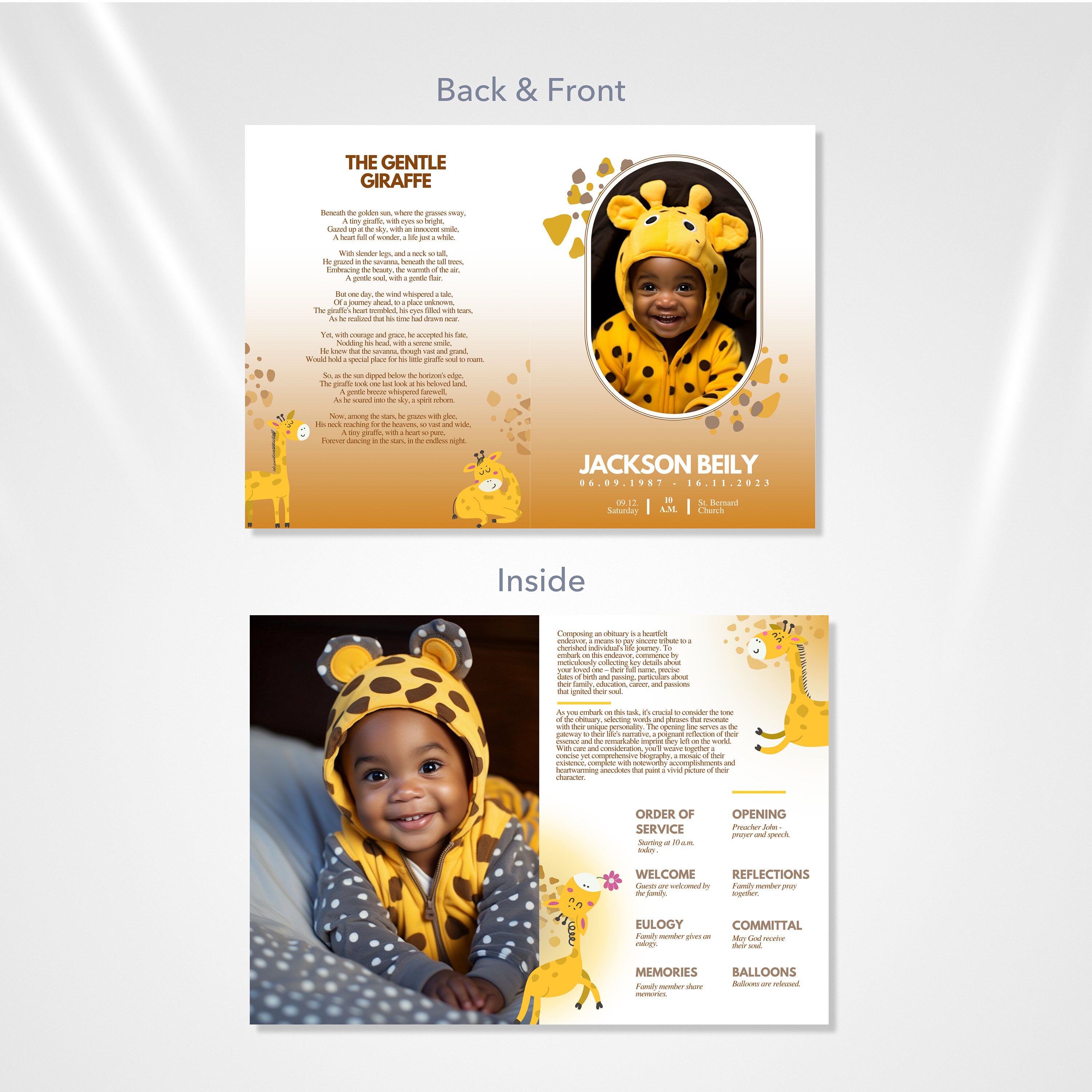 Giraffe Funeral Program Template, Memorial Card (digital Download) - Etsy