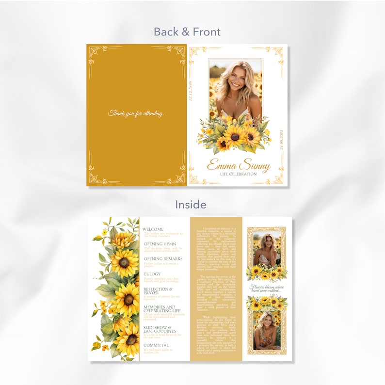 Sunflower Funeral Program Template, Celebration of Life (editable ...