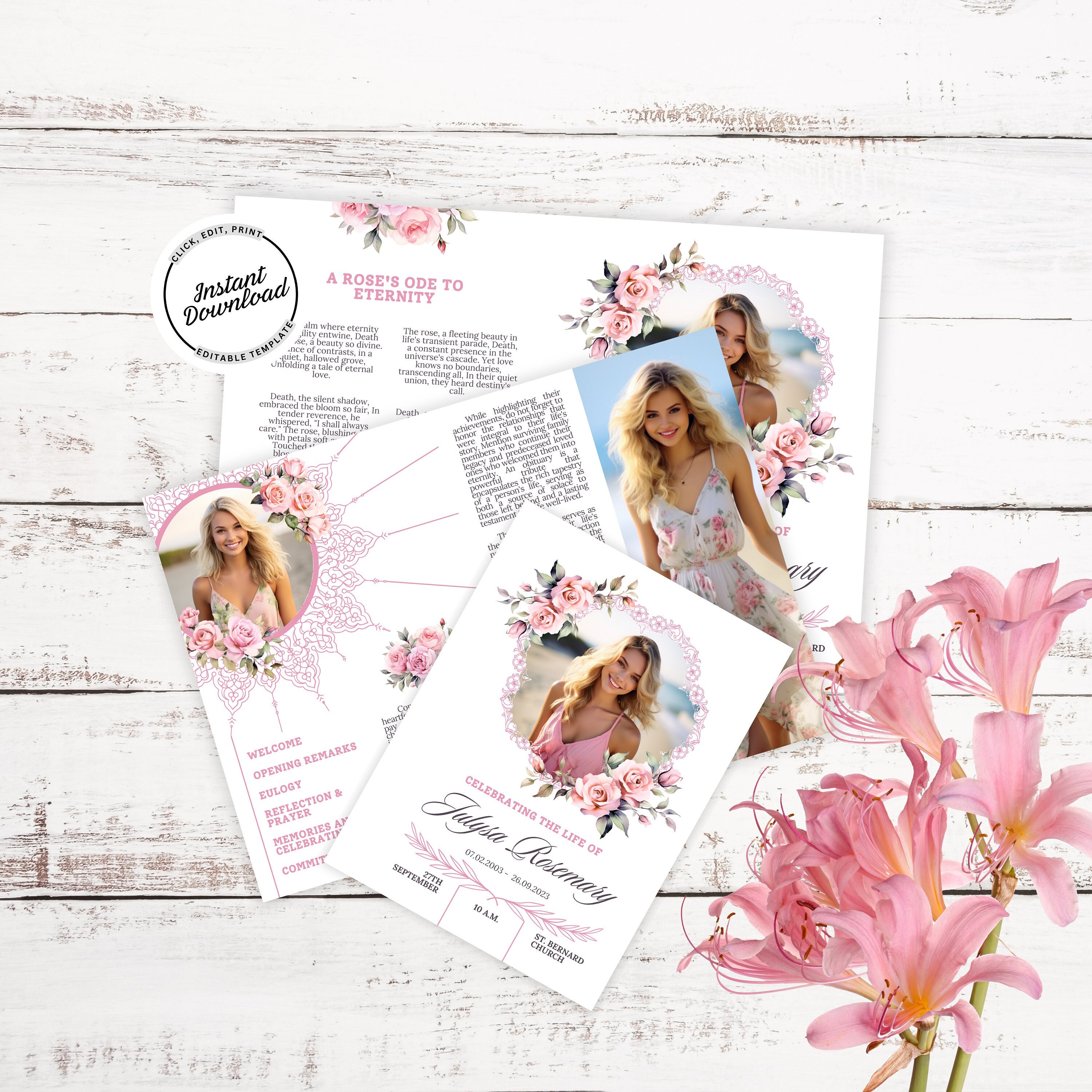 Rose Funeral Program Template, Celebration of Life (digital Download ...
