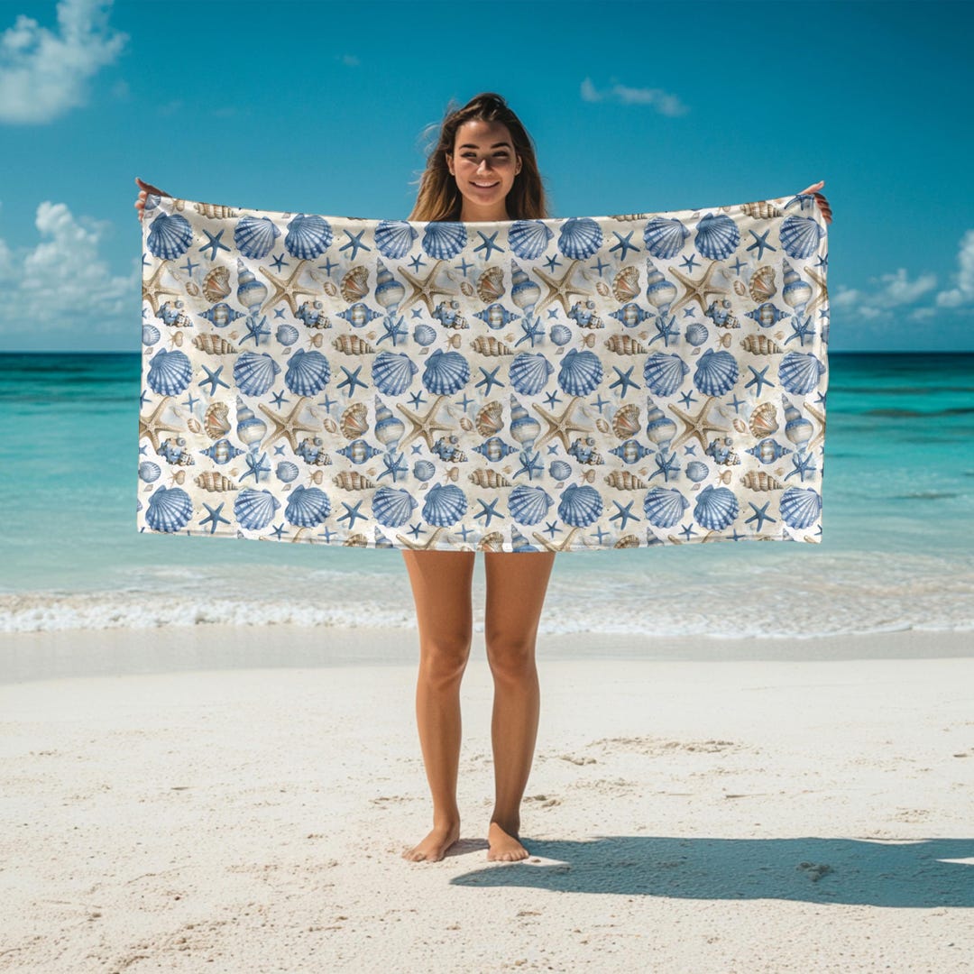 Beach Towel - Shell and Starfish Design, Classic Beachy Pattern ...