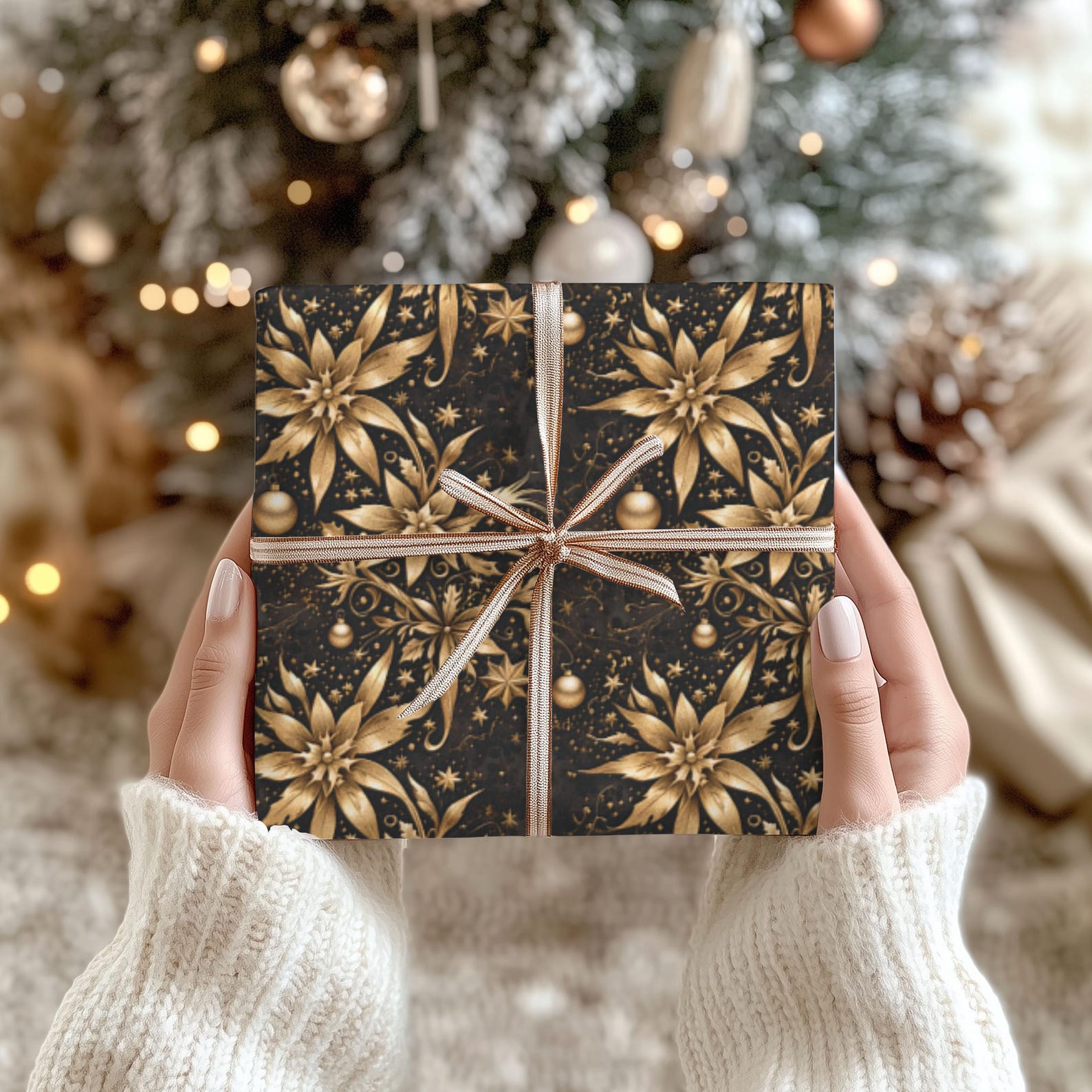 Wrapping Papers - Classic Gold and Black Christmas Festive Floral ...