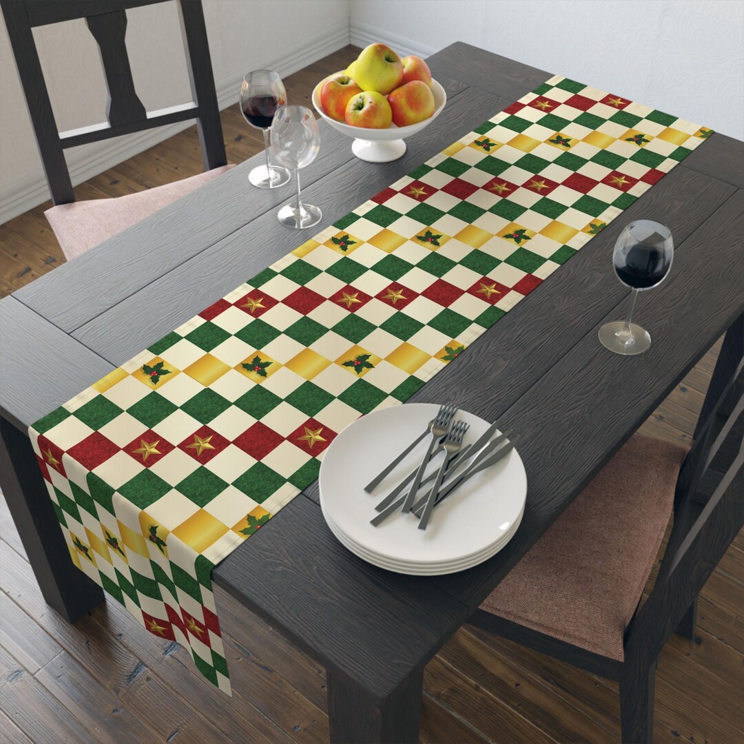 Christmas Checkered Table Runner: Red, Green & Gold Holiday Decor - Etsy
