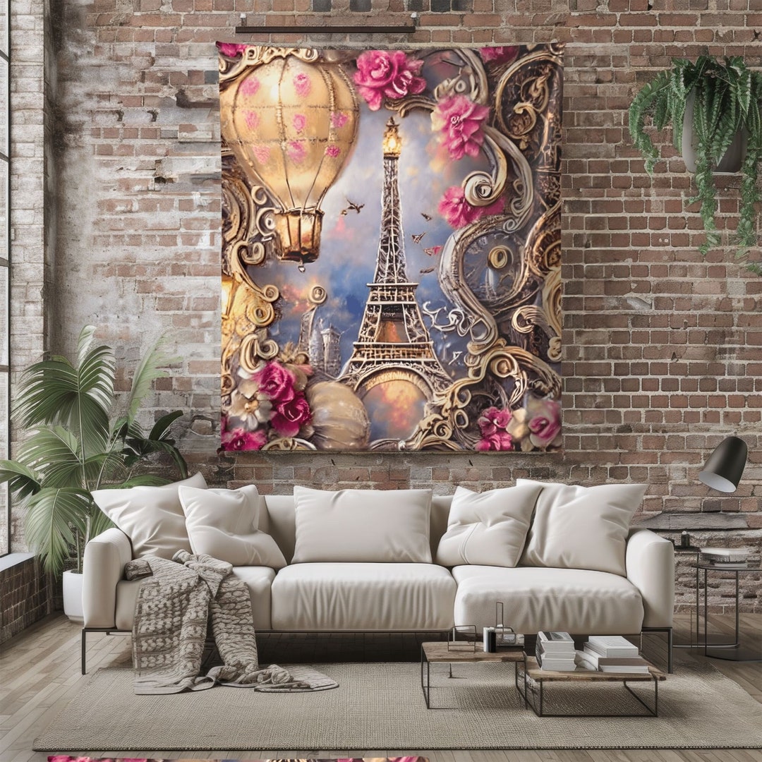Vintage Pink Rose Paris Wall Tapestry, Parisian Lover Gift, Cute Paris ...