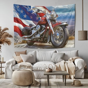 Motorcycle USA Flag Wall Tapestries, Patriotic Gift, 4th of July ...