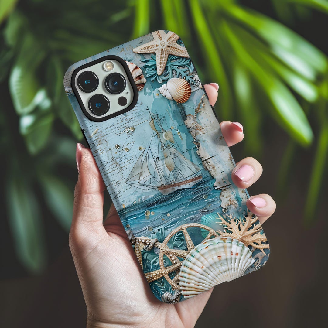 Nautical Phone Case: Starfish, Shells, and Sailing Ship Design - Etsy