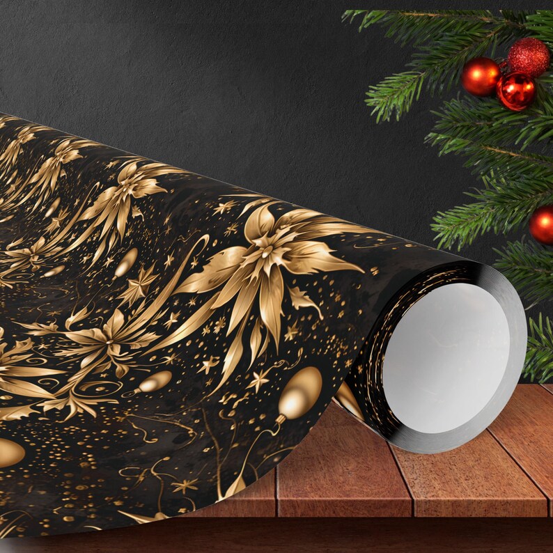 Wrapping Papers - Classic Gold and Black Christmas Festive Floral ...