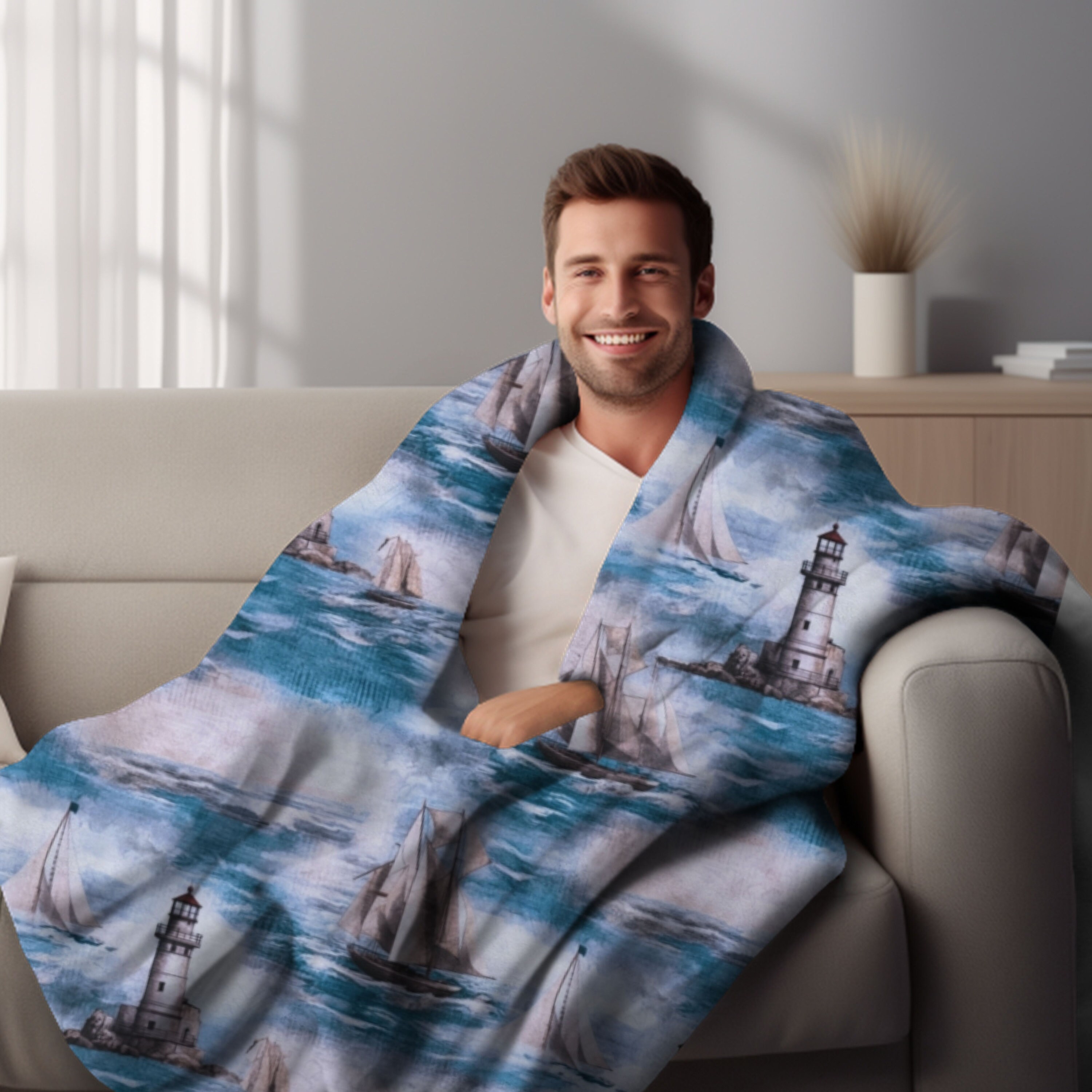 Sailing and Lighthouse Throw and Blanket, Ocean Scene Blanket, Sea ...