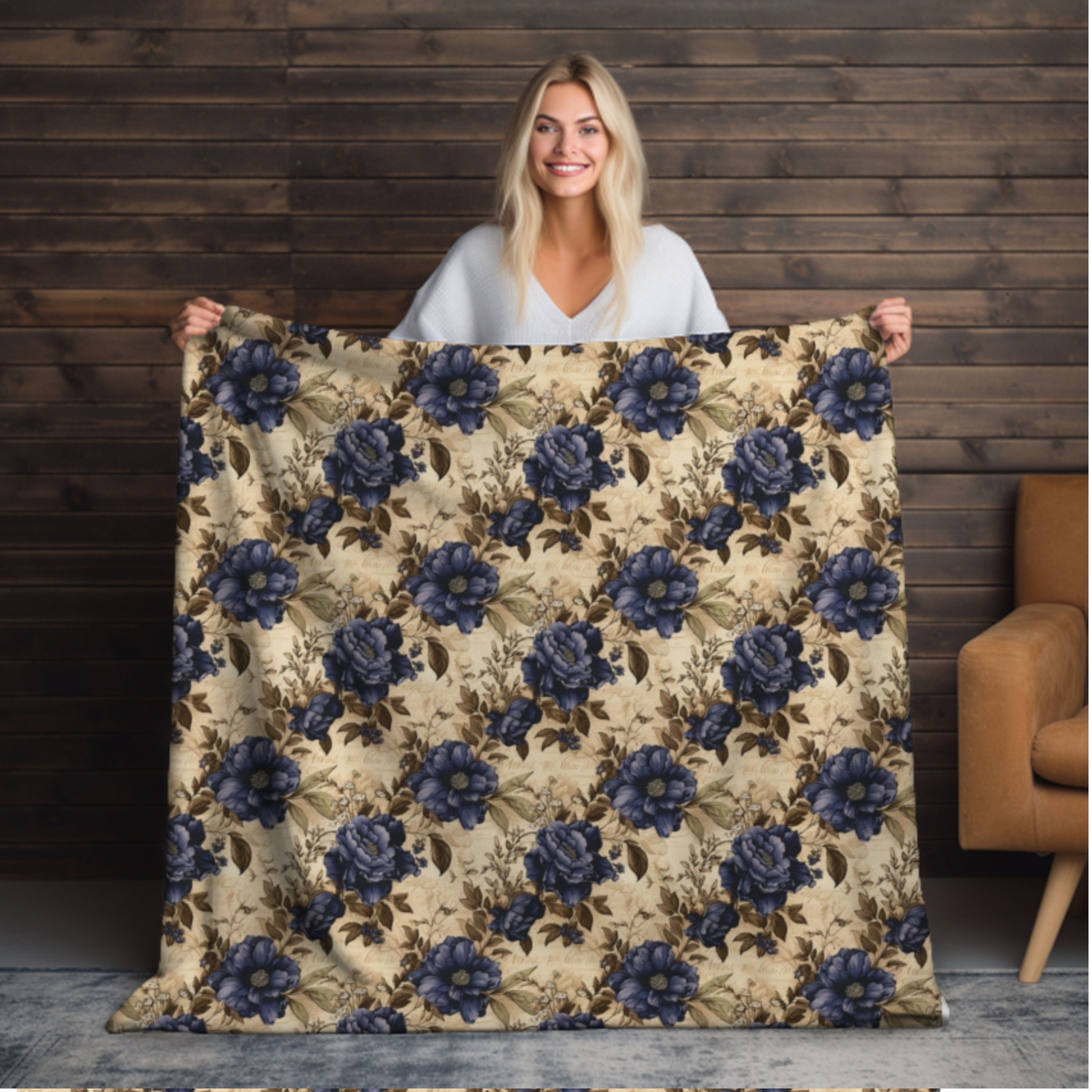 Vintage Floral Plush Blanket, Blue Rose Floral Blanket, Flower Pattern ...