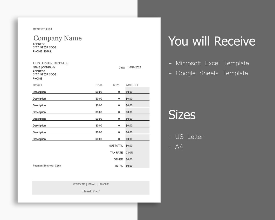Receipt Template for Microsoft Excel and Google Sheets. Fully ...