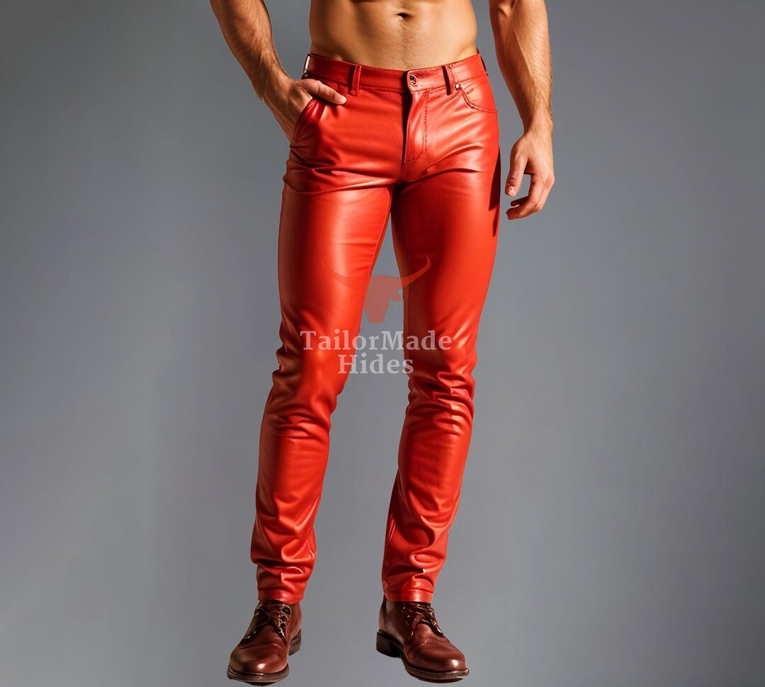 Men's Genuine Sheep Leather Pants - Red Leather Pants for Man - Leather ...