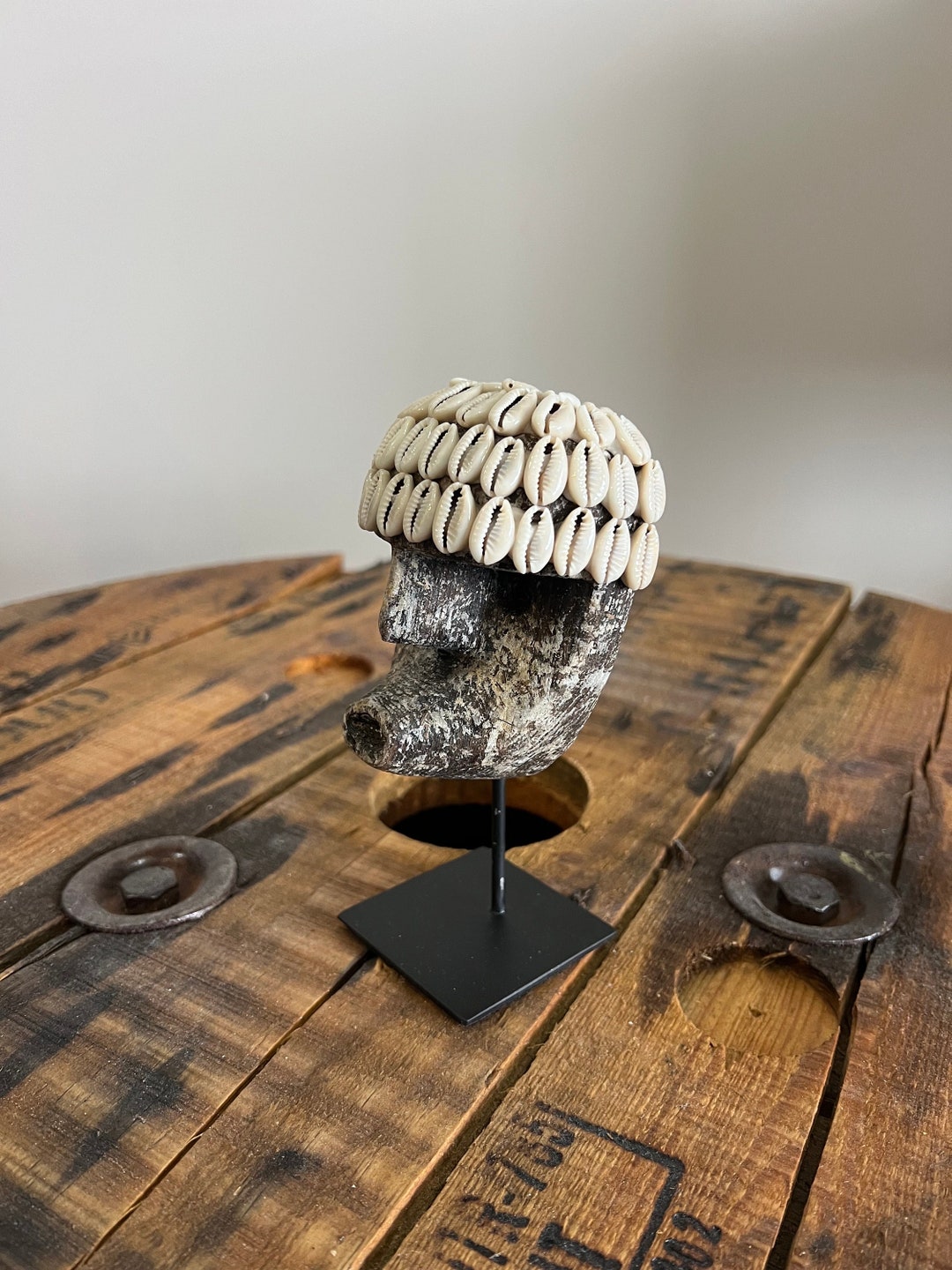 Indonesian Bali Handcraft Teak Wood Head Shell Hat Statue for Office ...