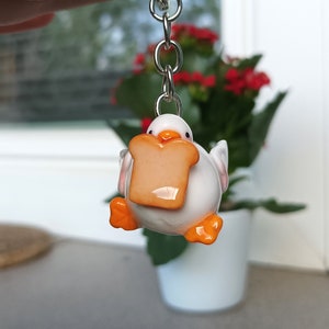 Duck With Bread Keychain, Cute Polymer Clay Figurine, Polymer Clay Duck, Handmade Clay Charm ...