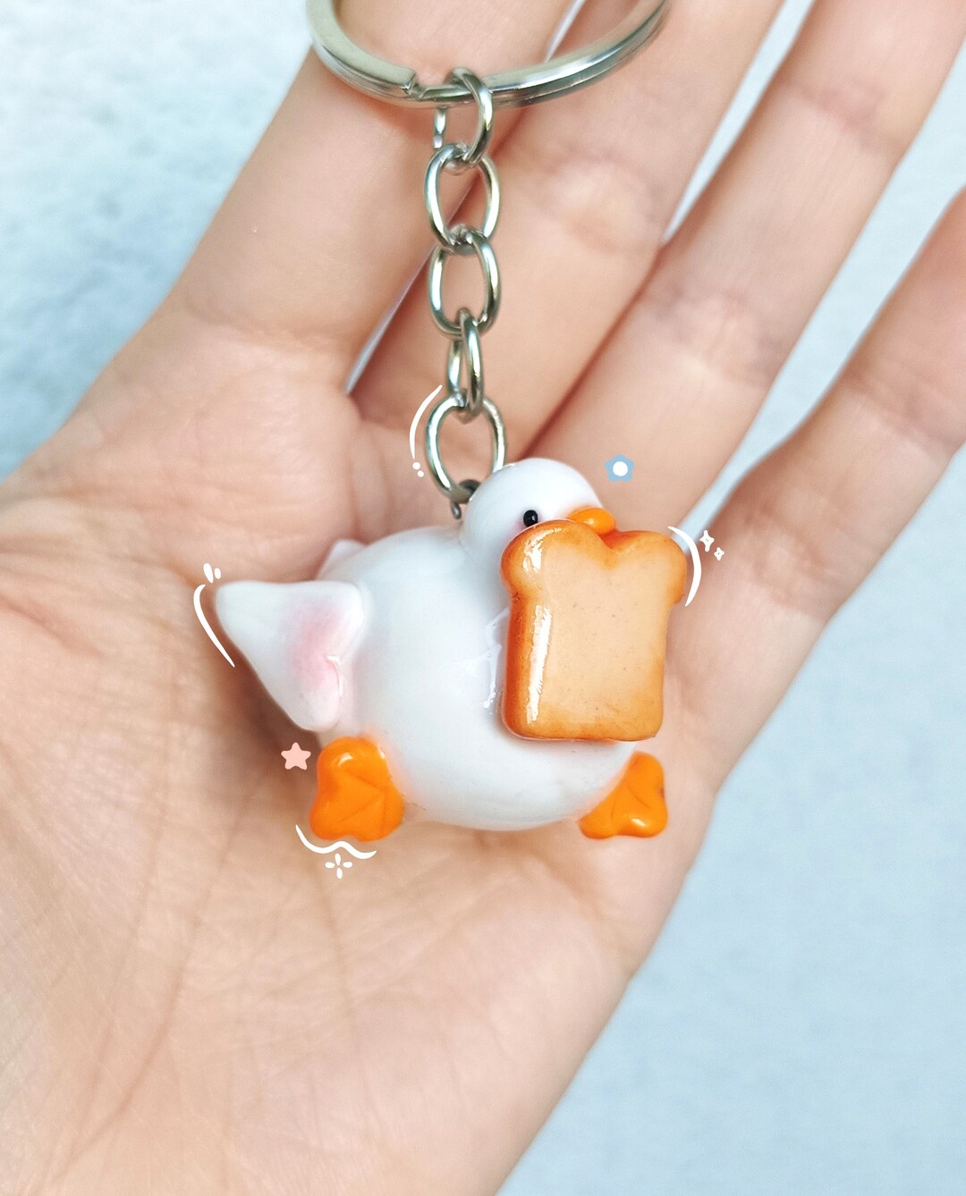Duck With Bread Keychain, Cute Polymer Clay Figurine, Polymer Clay Duck, Handmade Clay Charm ...