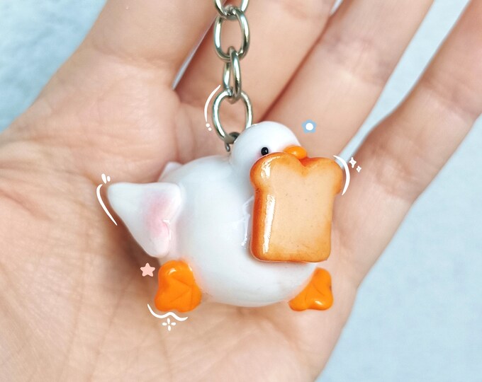 Duck With Bread Keychain, Cute Polymer Clay Figurine, Polymer Clay Duck, Handmade Clay Charm ...