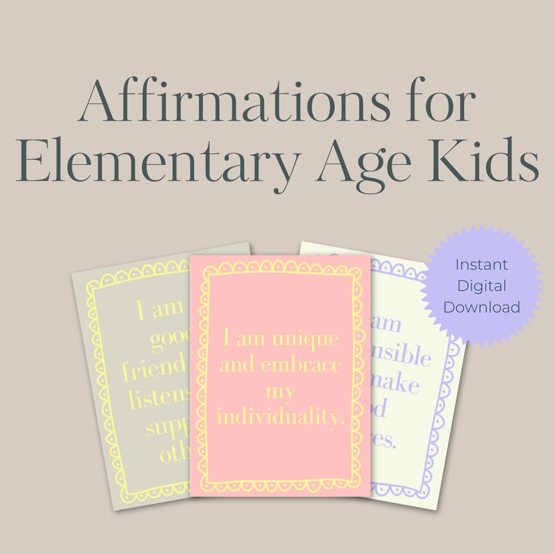 20 Affirmation Cards Printable for Elementary Age Kids Postcard Size ...