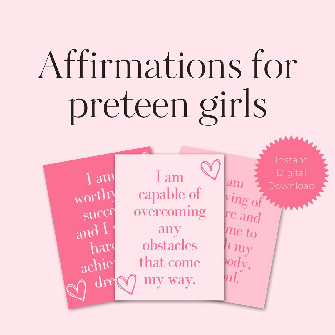 20 Affirmation Cards Printable for Preteen Girls Postcard Size PINK ...